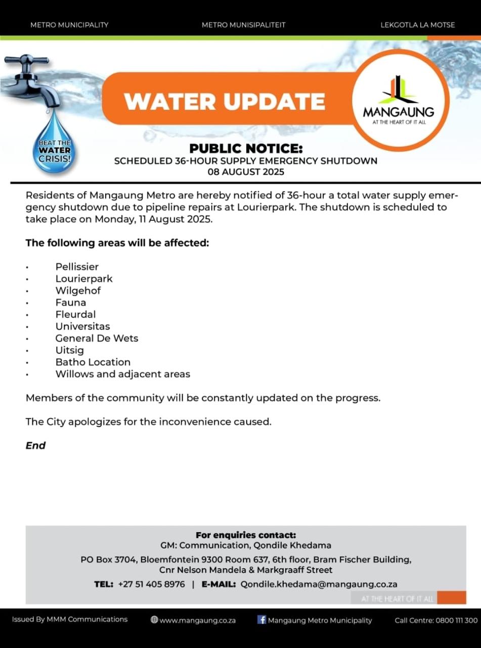 Total Water Supply Emergency Shut Down 36 hours - Universitas West ...